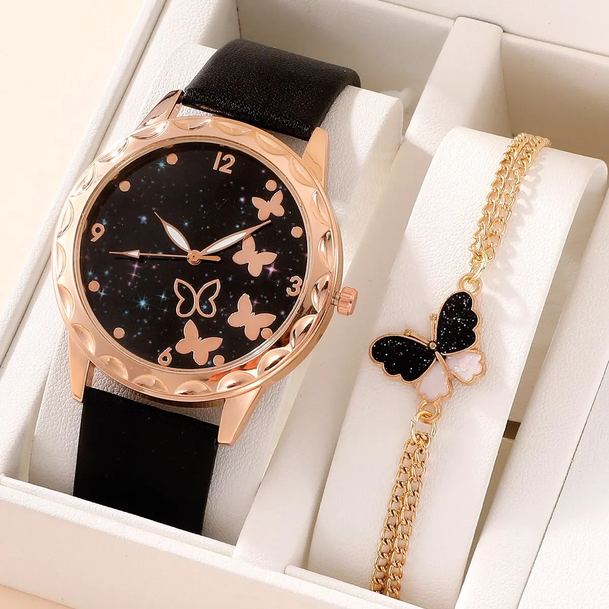 2pcs Set Luxury Ladies Bracelet Quartz Watch Women Watch Set Black ...
