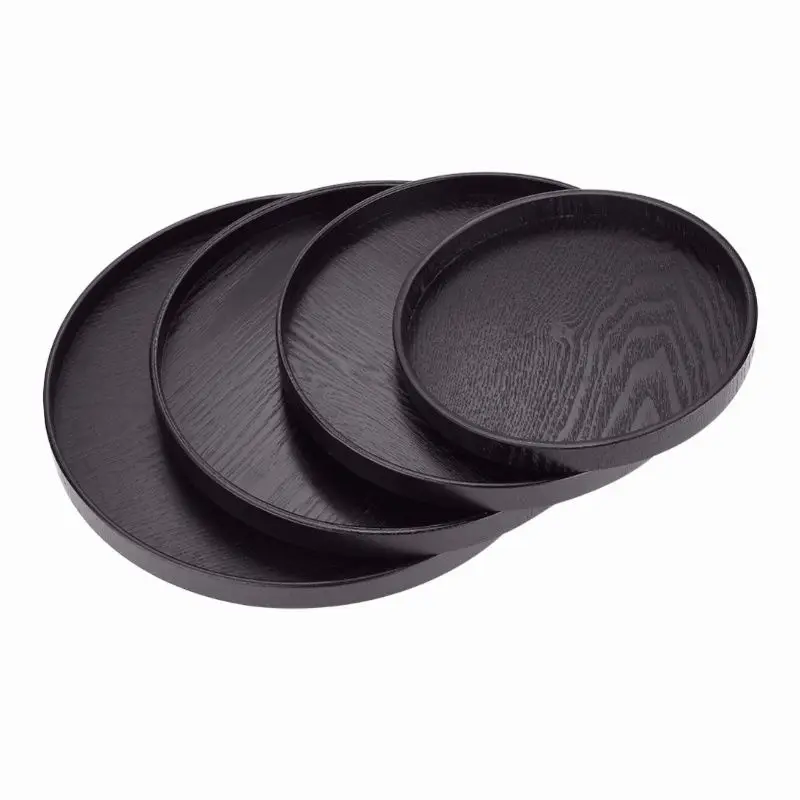 Wood-Tea-Tray-Round-Black-Coffee-Snack-Food-Meals-Serving-Tray-Kitchen ...