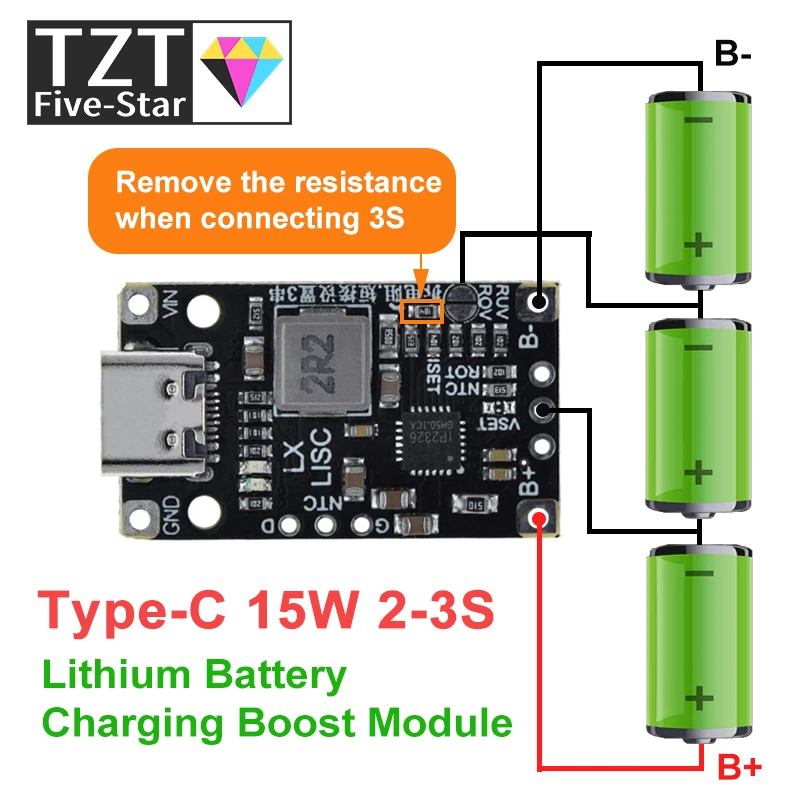 Type C USB 2/3S BMS 15W 8.4V 12.6V 1.5A Lithium Battery Charging Boost Module With Balanced ...