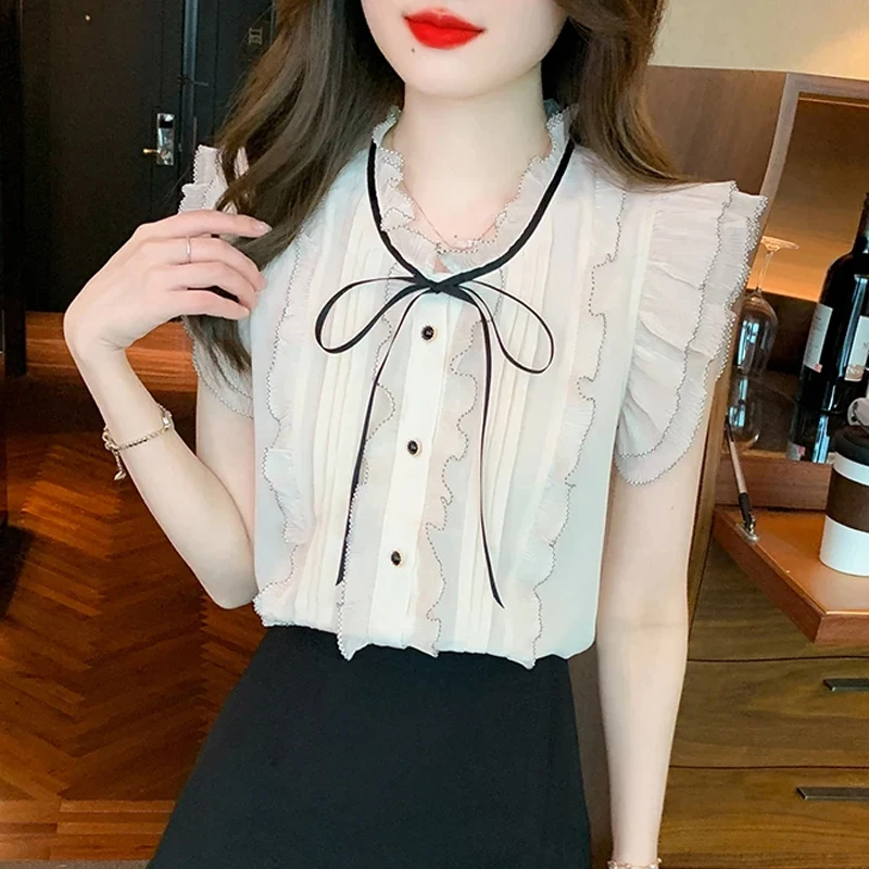 Summer-Short-Sleeve-Ruffled-Collar-Women-Shirt-Ruffles-Chiffon-Shirt ...