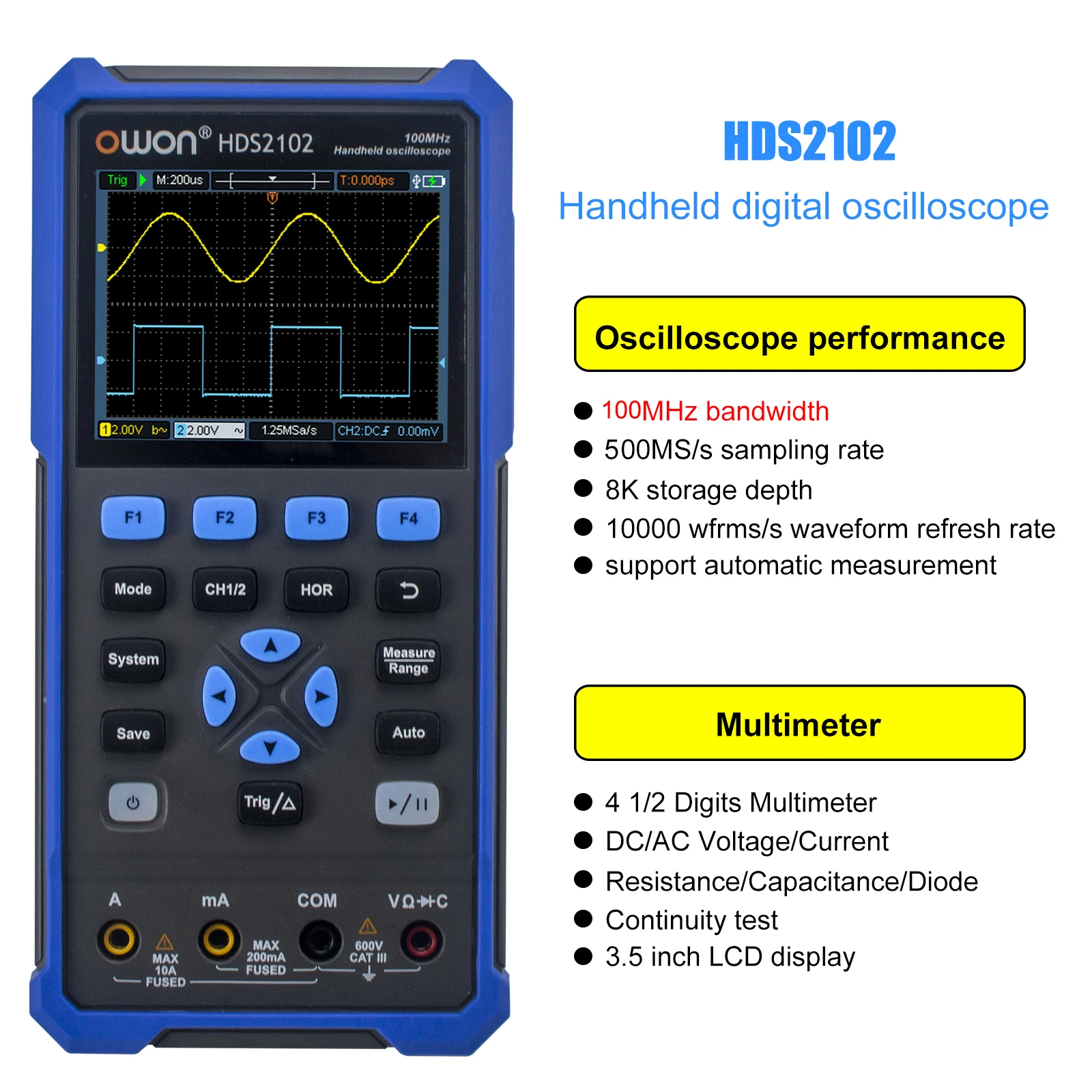 Owon hds2102/hds2102s 3 em 1 digital handheld osciloscópio 2 canais com 100mhz de largura de ...