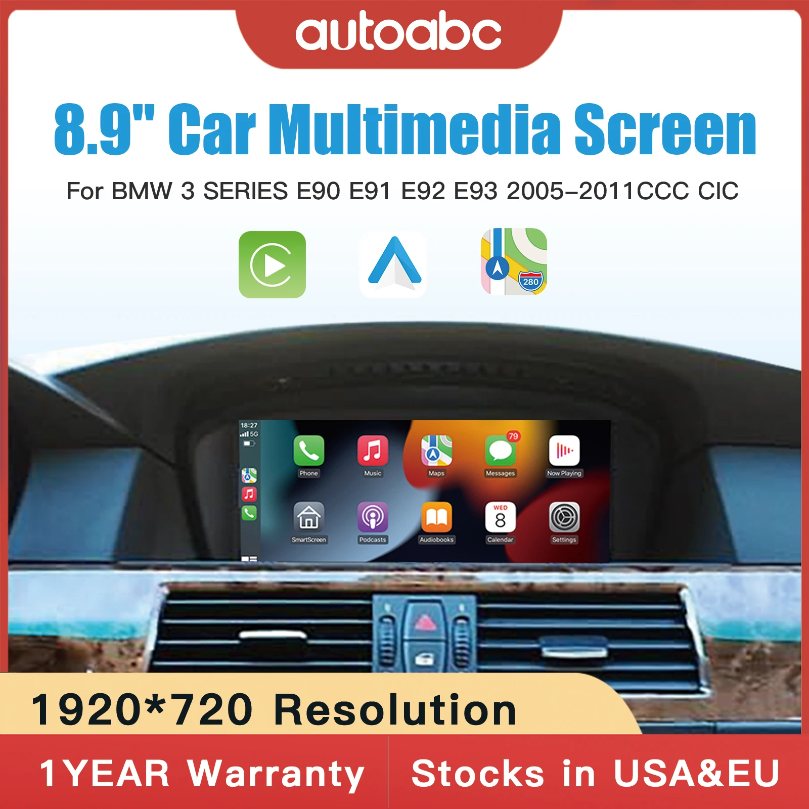 8.9 inch Wireless CarPlay Android Auto Car Multimedia Screen for BMW 3 ...