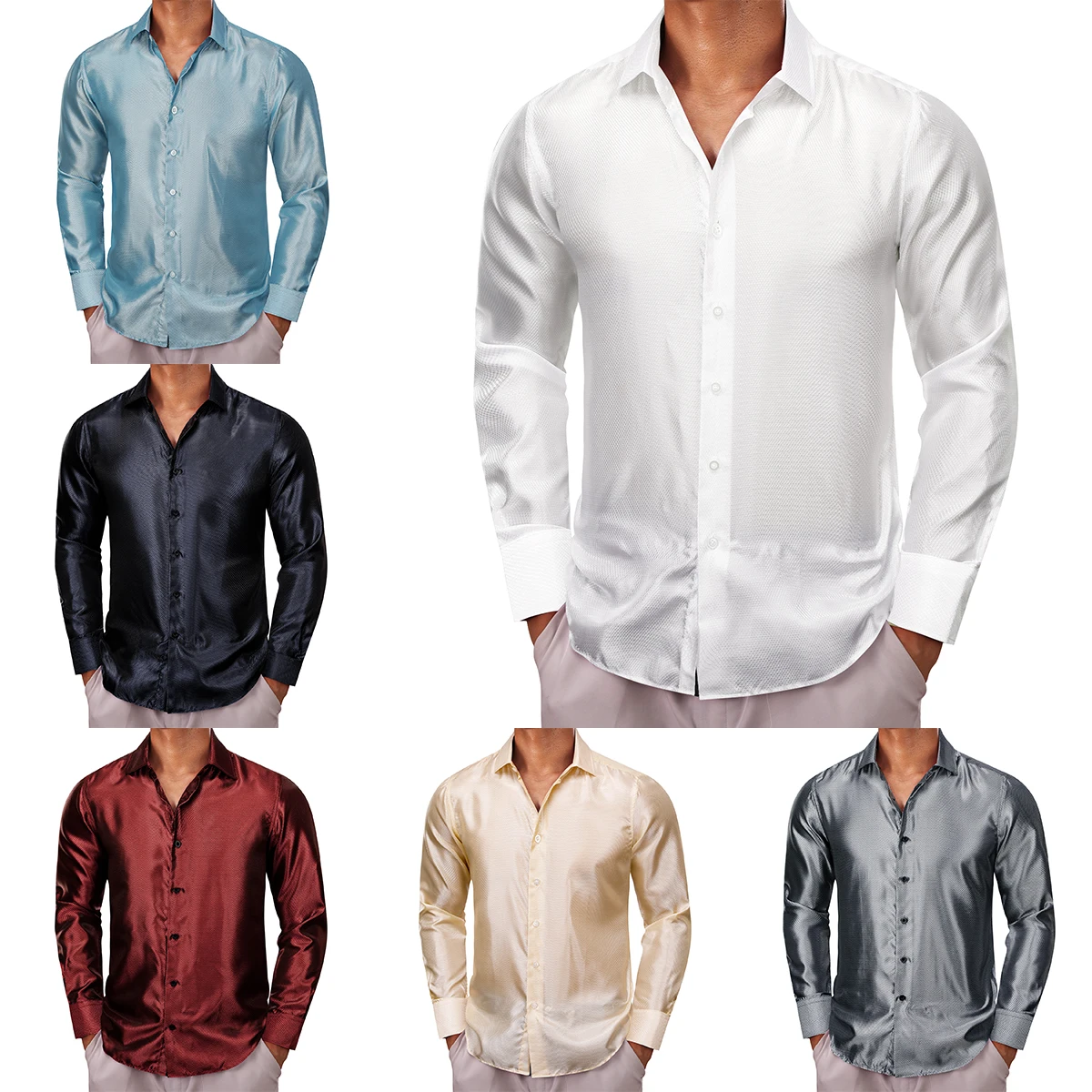 Silk-Satin-Shirts-for-Men-Black-White-Red-Blue-Silver-Gold-Beige-Solid ...