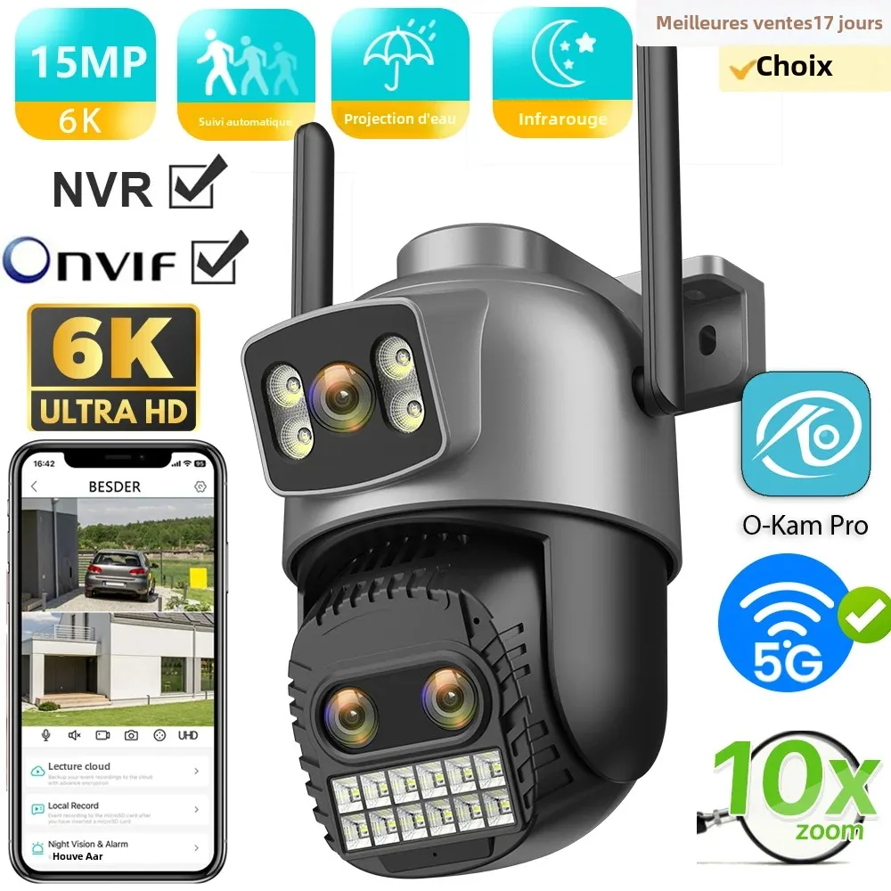 Caméra IP extérieure double écran, 15MP, WiFi, PTZ, zoom numérique 10X ...