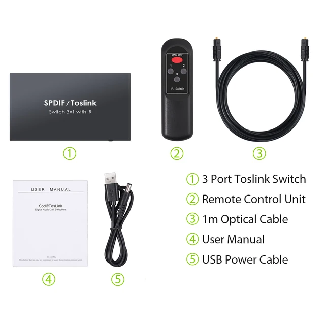 PROZOR SPDIF/TOSLINK Optical Audio 3x1 Switcher Digital Optical Switch ...