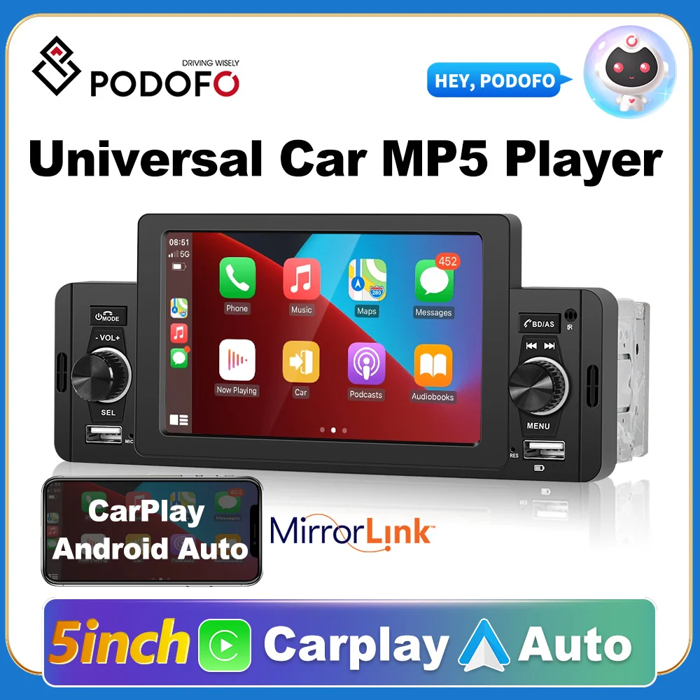 Podofo Car Radio 1 Din Carplay Android Auto Multimedia Player Bluetooth Mirrorlink Fm Receiver ...