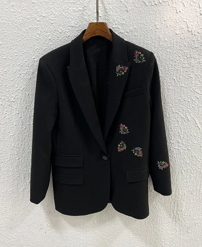 Black-Floral-Strass-Applique-Lapel-Collar-Single-Button-Long-Sleeved ...