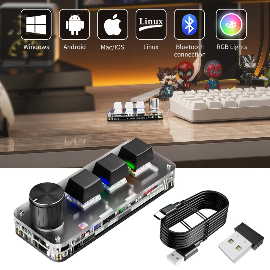 2.4G 3-key Customize Bluetooth Keyboard Macro Knob Copy Paste Shortcut ...