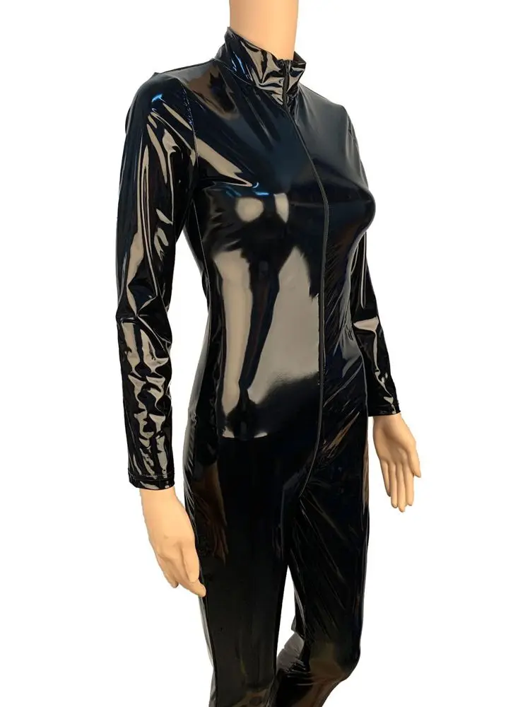 Long-Sleeve-Wet-Look-PVC-Catsuit-Shiny-PU-Leather-Zipper-Open-Crotch ...