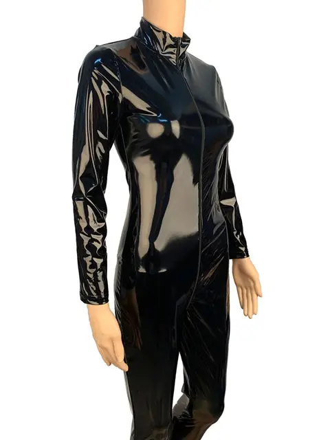Long Sleeve Wet Look PVC Catsuit Shiny PU Leather Zipper Open Crotch ...