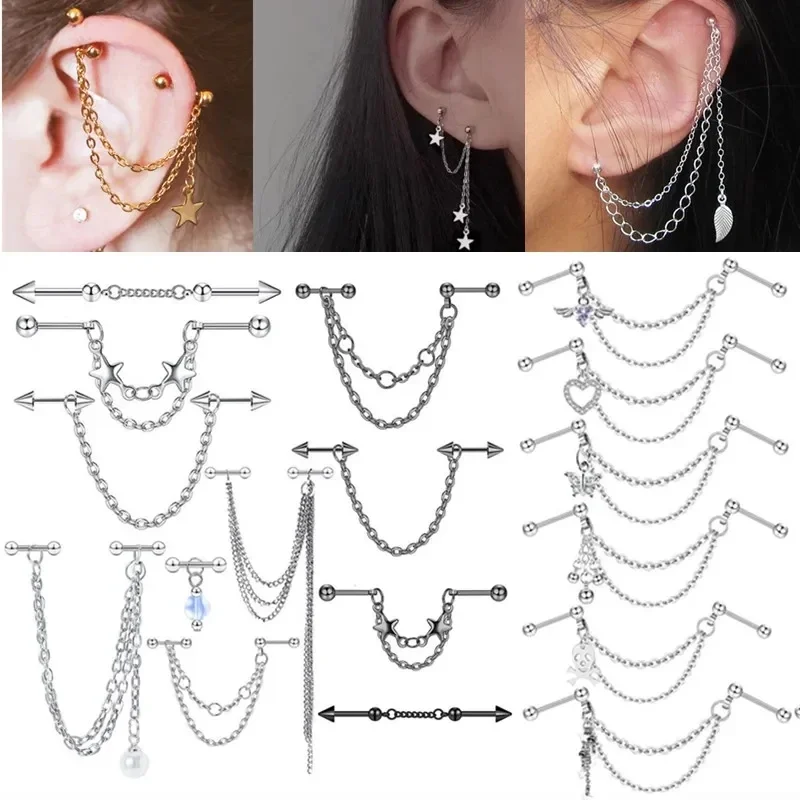 Double Piercing Chain Stud Earring Industrial Piercing Chain Earrings ...