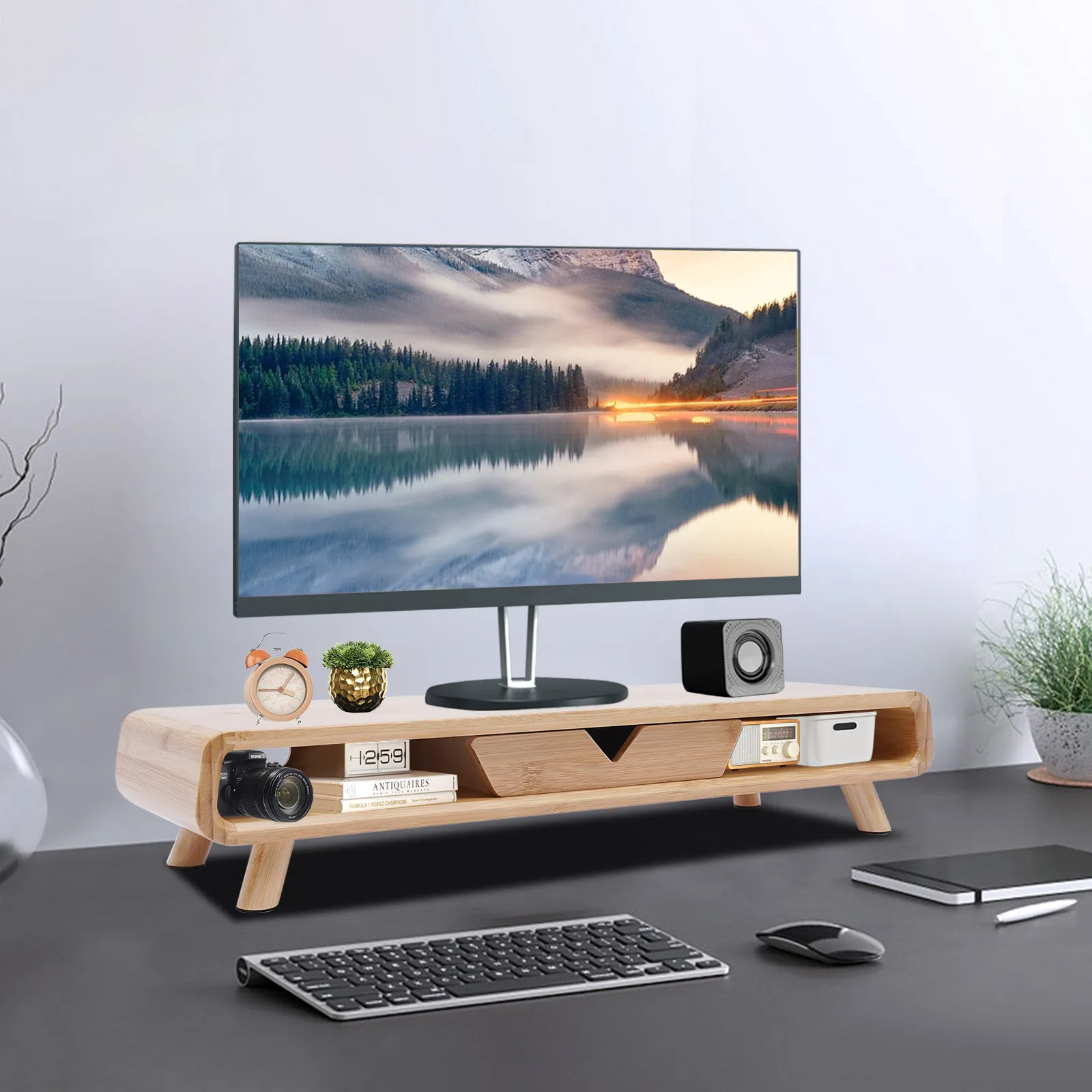 24in-Modern-Bamboo-Monitor-Stand-W-V-shaped-Drawer-Desktop-Computers ...