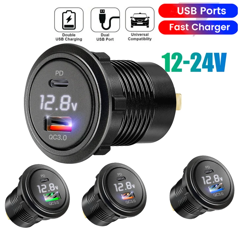 Usb-c-car-charger-socket-with-voltmeter-usb-a-3-0-car-charger-outlet ...