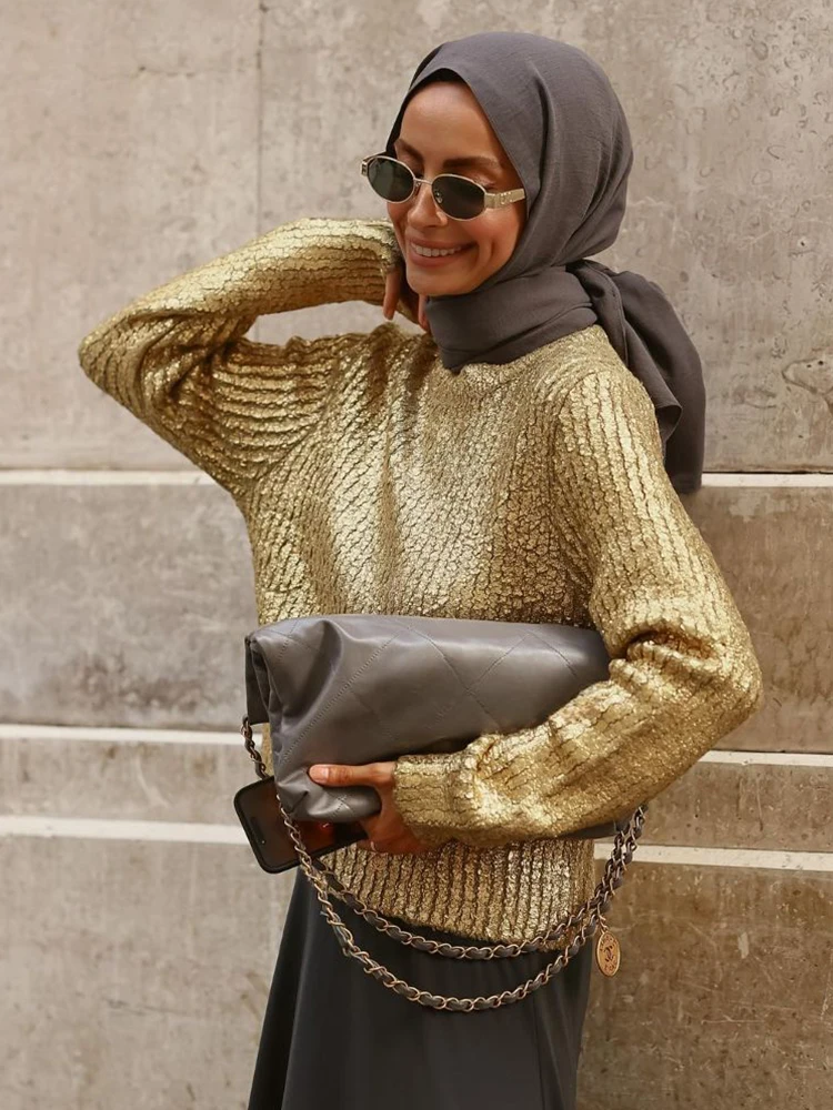 Elegant-O-Neck-Gold-Sweaters-Women-Fashion-Autumn-Winter-Causal-Long ...