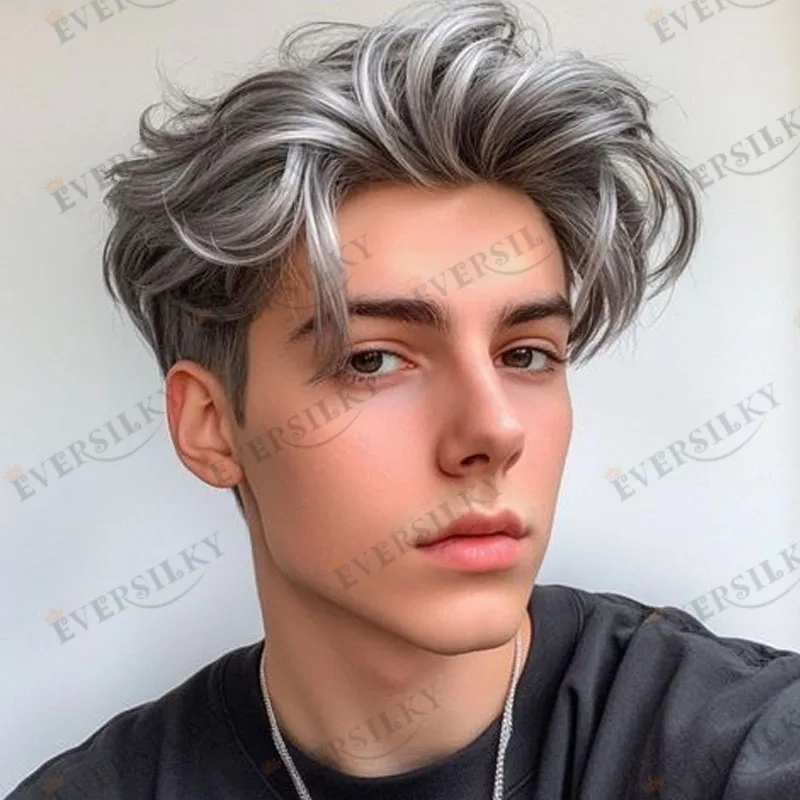 130Density Full Injection PU Base Men Toupee 100% HUman Hair Grey 1B40 ...