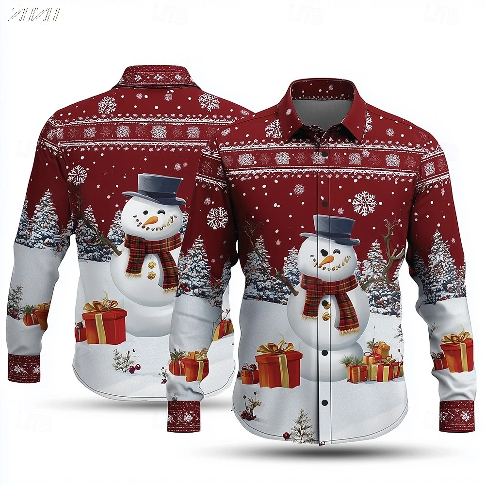 2025 Men's Snowman Snowflake Christmas Shirt, 3D Print Button Up ...