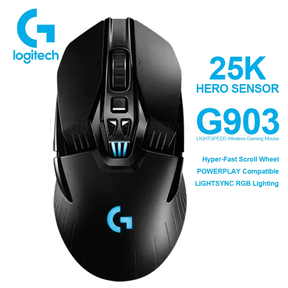 Original logitech g903 lightspeed mouse de jogos sem fio com 25k herói sensor lightsync rgb ...