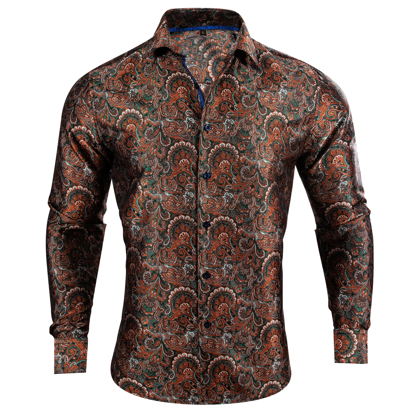 Designer-Brown-Men-Shirt-Printed-Embroidered-Lapel-Long-Sleeve-Retro ...