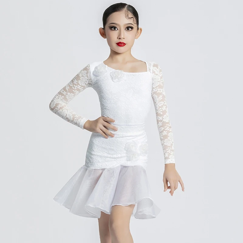 White-Lace-Sleeves-Latin-Dance-Dress-Girls-Samba-Chacha-Performance ...