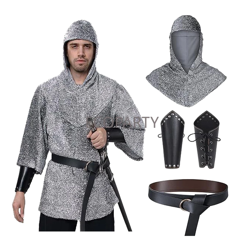 Renaissance-Faux-Chain-Mail-Armor-Tunic-Shirt-Coif-Medieval-Knight-Cowl ...