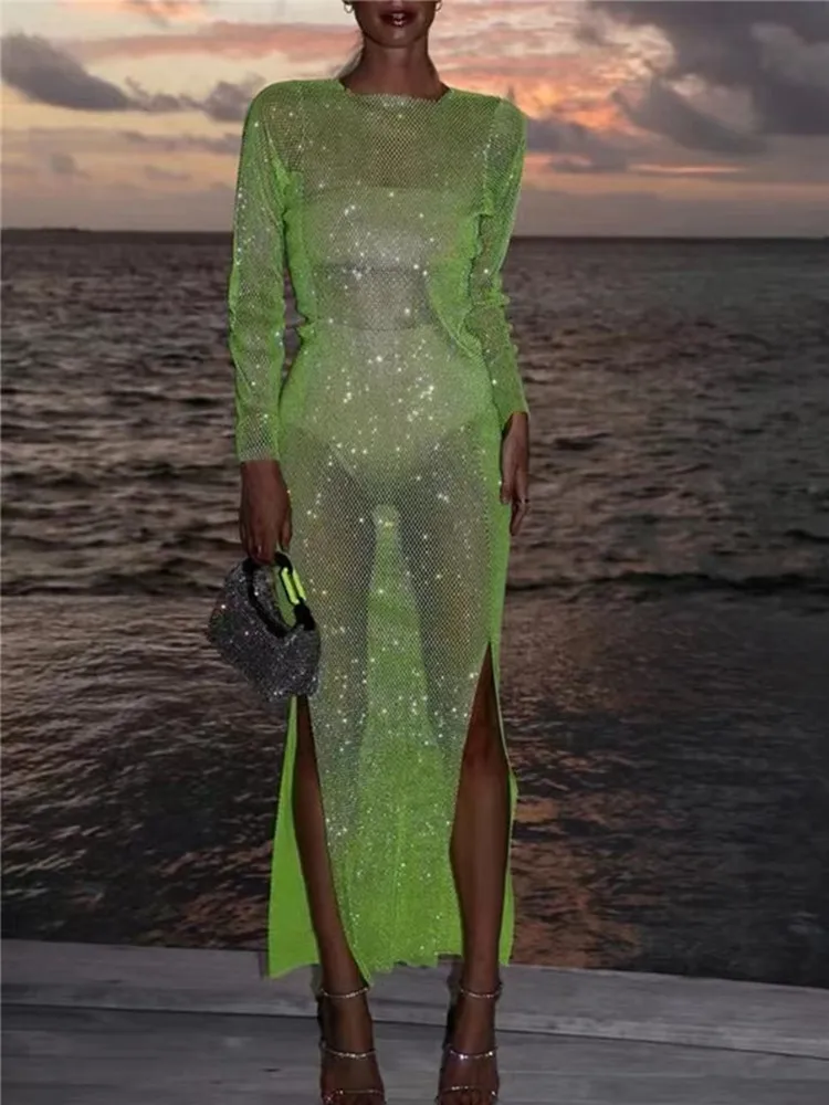 Sexy-See-Through-Rhinestone-Maxi-Club-Dress-Women-Glitter-Green-Evening ...