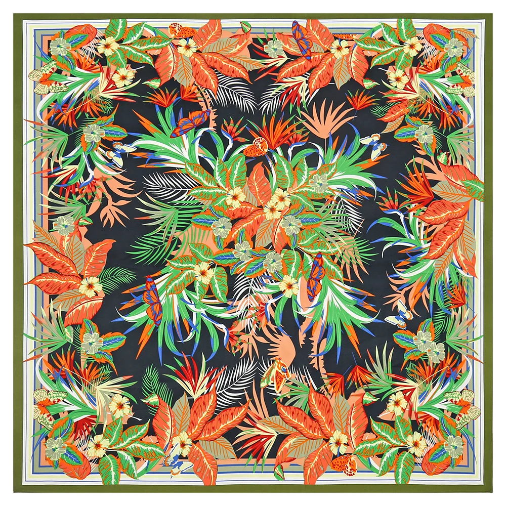 130cm Silk Square Scarf Tropical Plant Print Woman Scarves&Wraps ...