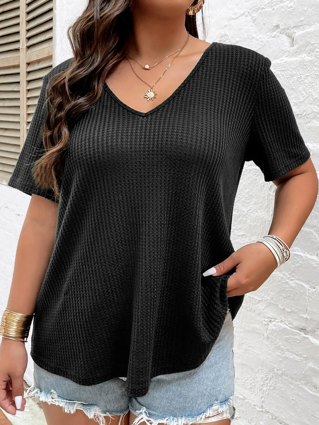Plus-Size-Waffle-Knit-Blouse-Women-4xl-Solid-Tee-Large-Size-Blouse-2022 ...