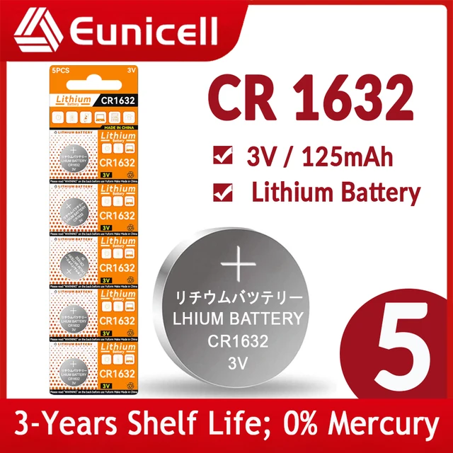 Eunicell 3V 125mAh CR1632 Coin Cells Batteries CR 1632 DL1632 BR1632 LM1632 ECR1632 Lithium ...