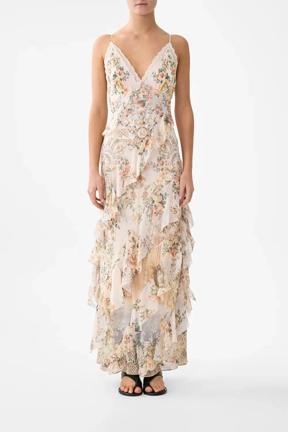 Ladies Ruffles Layered Sling Robe Lace Embroidery Spliced V-Neck ...