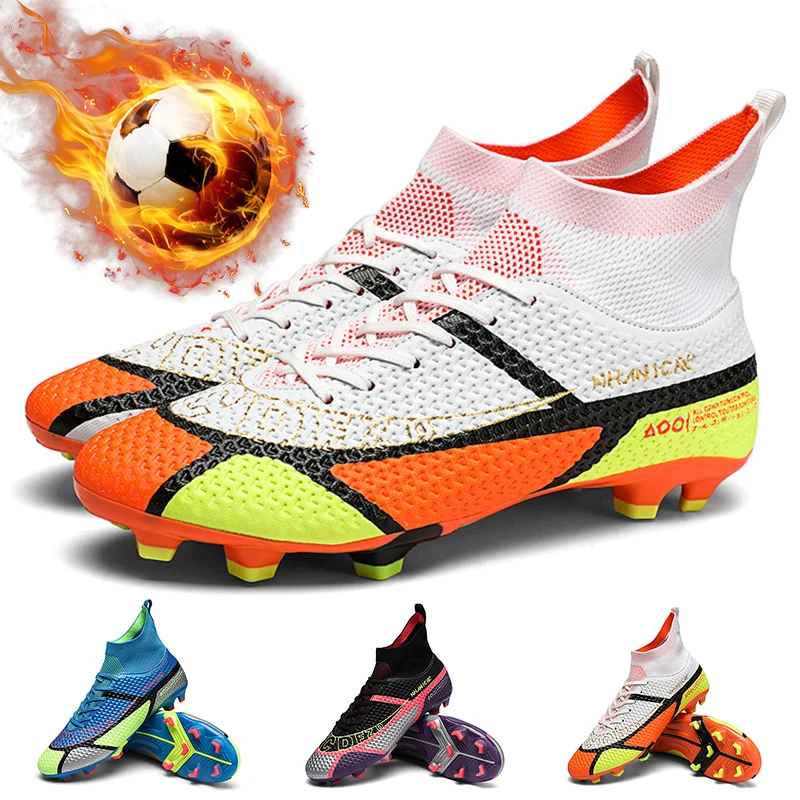 NEW Long Spikes Men Soccer Shoes FG High Ankle Football Boots Non-slip ...