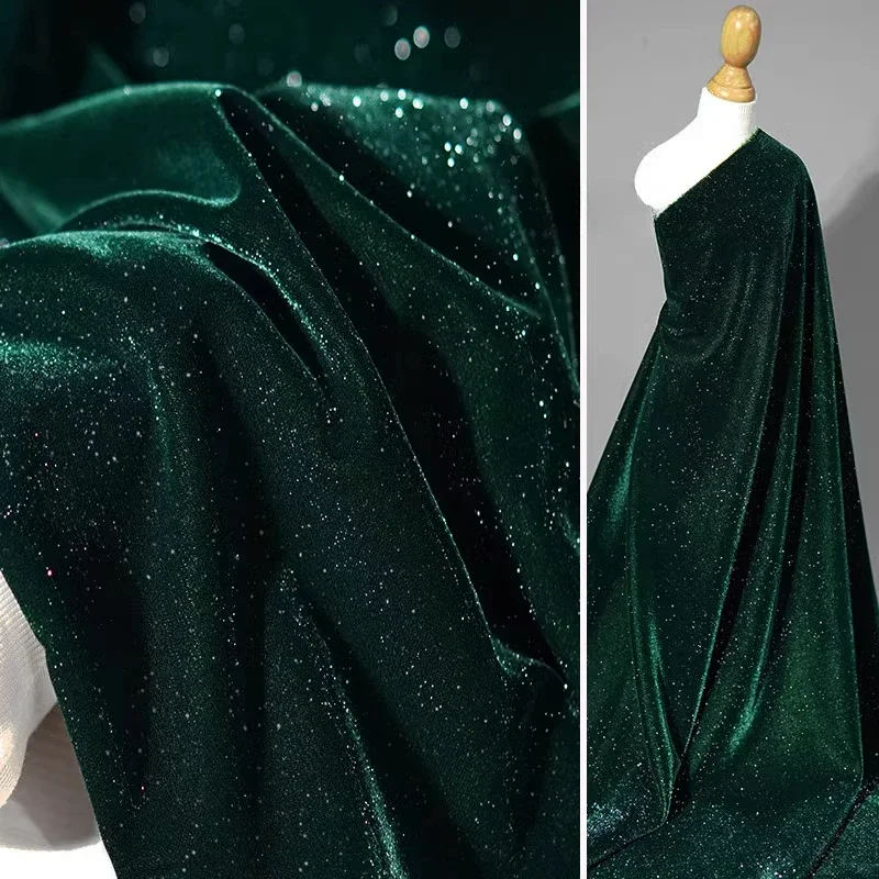 Dark Green Starry Velvet Fabric 140cm Bright Silk Woven Non Elastic ...