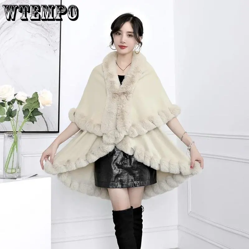 Double-layer Soft Plush Wrap Loose Thick Knitted Cloak Retro Fur Shawl ...
