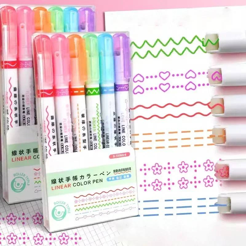 6-Patterns-Line-Heart-Star-Shaped-Marker-Pen-Roller-Tip-Curve-Liner ...