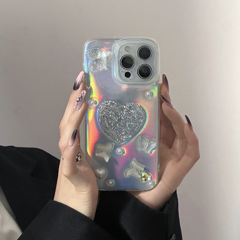 Stylish 3D Love Heart Laser Phone Case For iPhone 14 13 12 11 Pro Max ...