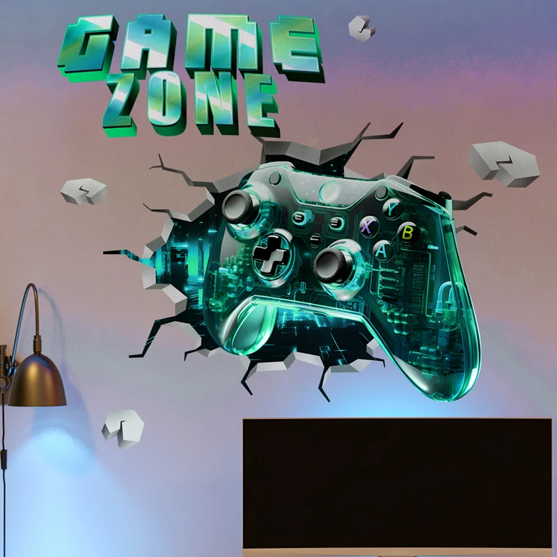 Game Zone Gaming Mural Broken Wall Hole Art 3D Gamepad Vinyl Stickers ...