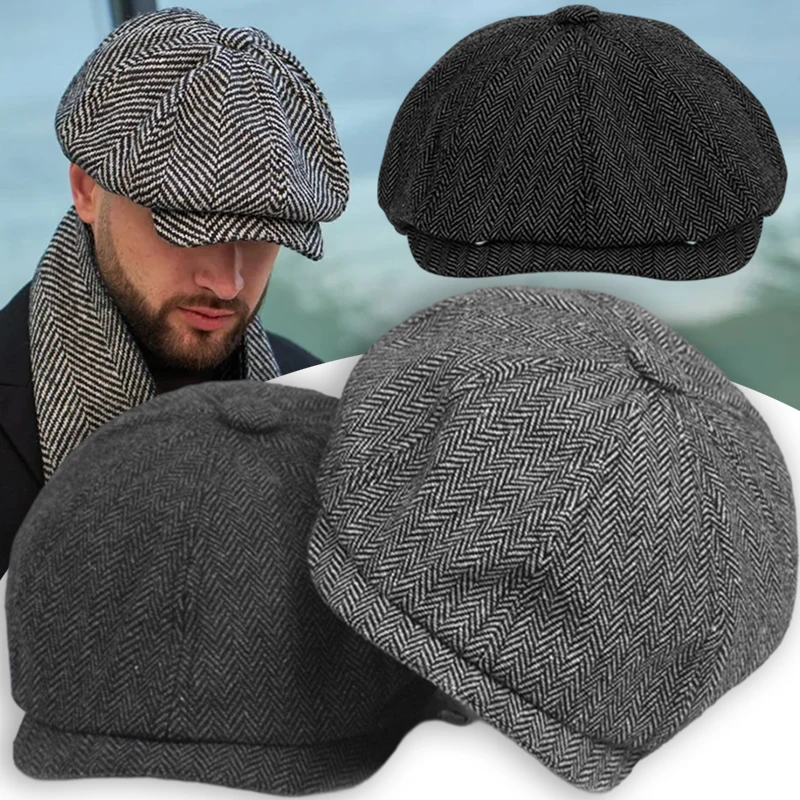 Classic Wool Newsboy Caps Men Herringbone Flat Caps Gatsby Lvy Cabbie ...