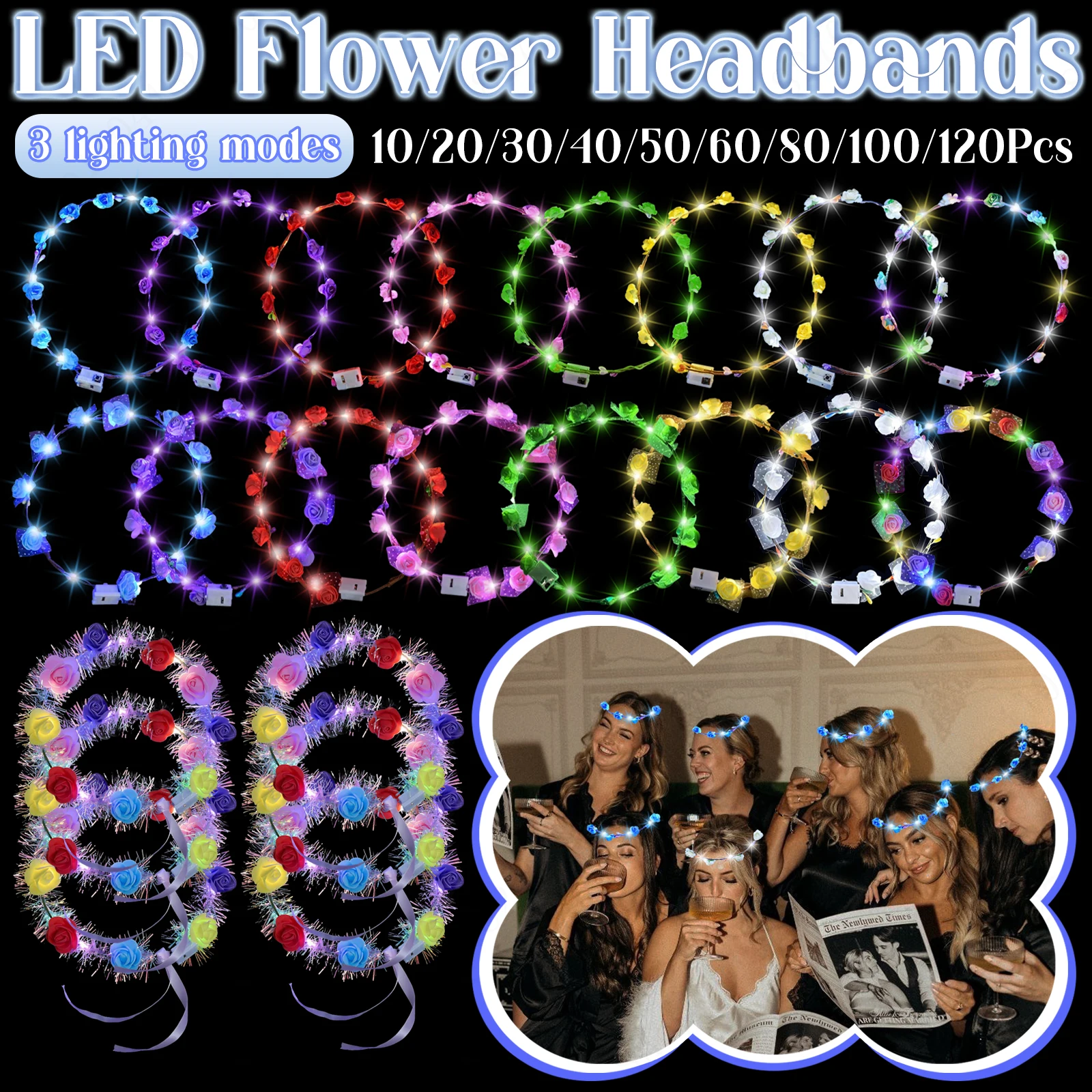 10-120Pcs LED Flower Headbands Light up Flower Headband Glow in the ...