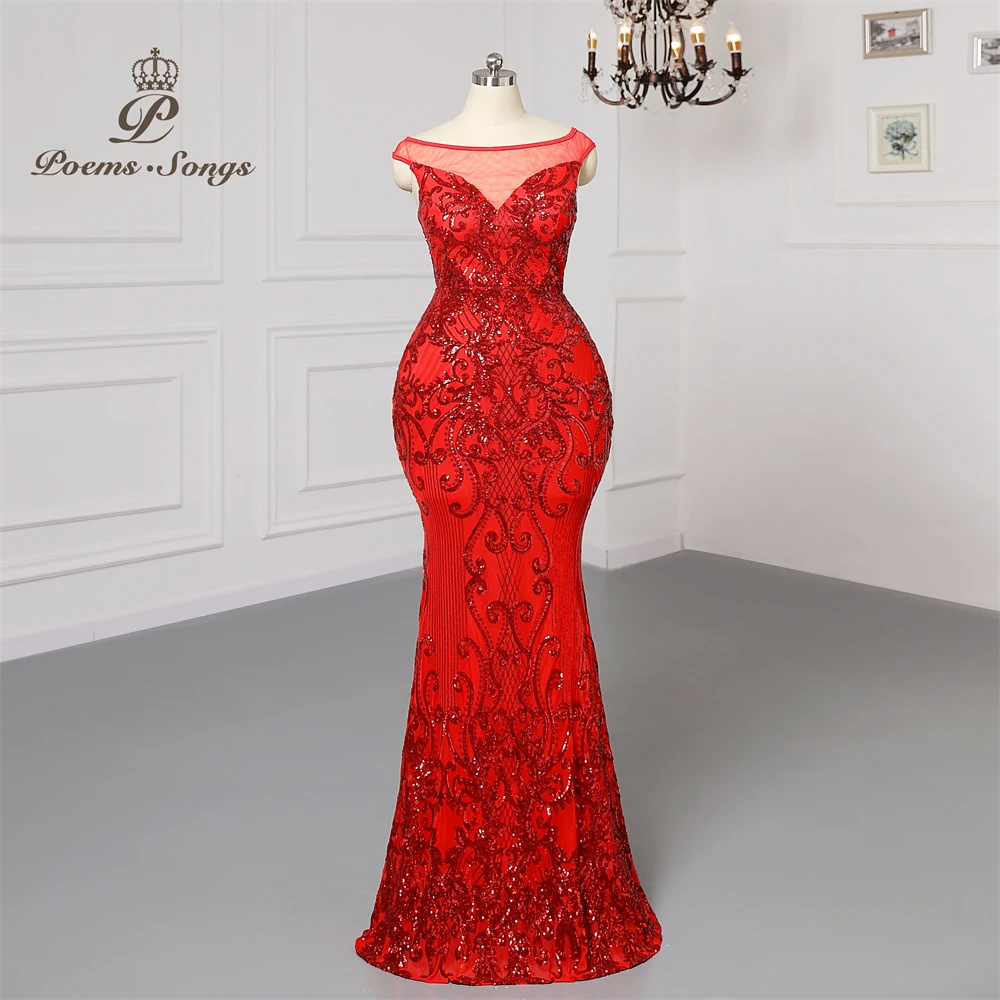 Plus-size-Sexy-transparent-yarn-neck-Red-sequins-Evening-dresses-prom ...