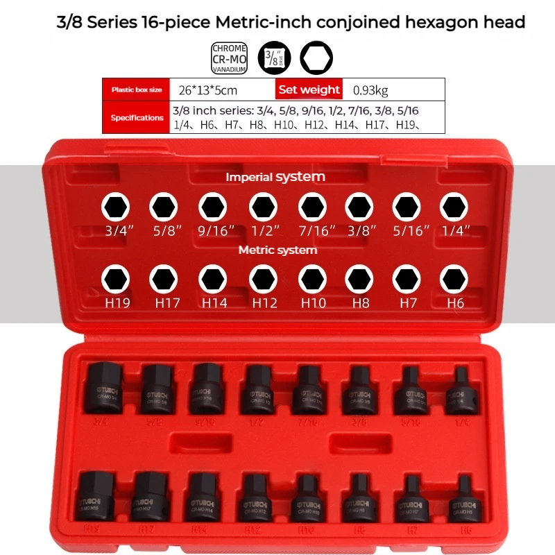 3/8 Inch Drive Low Profile Impact Hex Driver Set SAE/Metric 1/4-3/4 ...