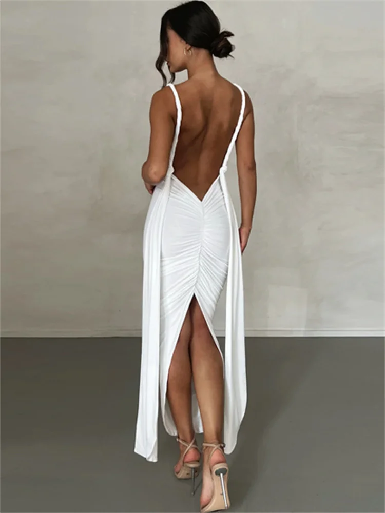 WJFZQM-Sexy-Deep-V-Neck-Sleeveless-Slit-Ruched-Backless-Bodycon-Dress-Elegant-White-Party-Long ...