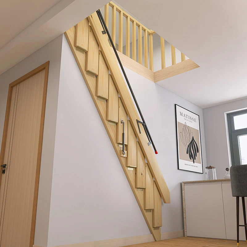 Folding stairs against the wall, loft solid wood stairs, household ...