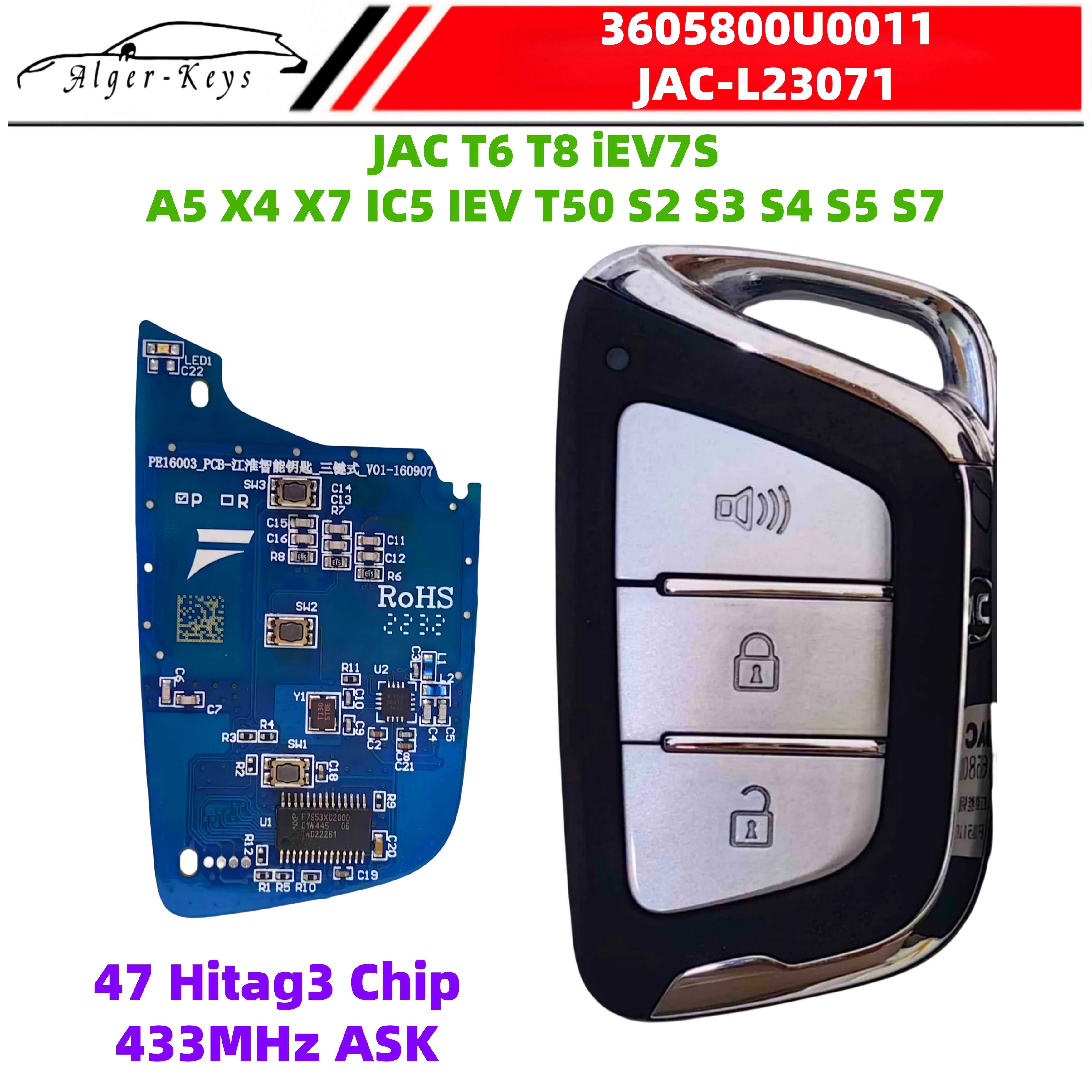 Algernon-key Original Smart Key Car 3 Buttons for JAC T6 T8 IEV7S A5 X4 ...