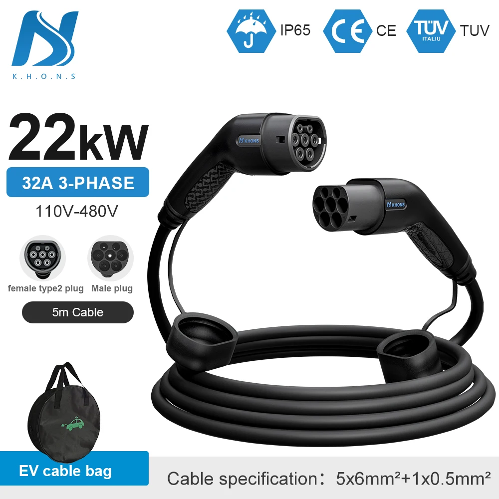 Khons-Type2-To-Type2-Ev-Charging-Cable-3Phase-32A-Female-To-Male-Plug ...