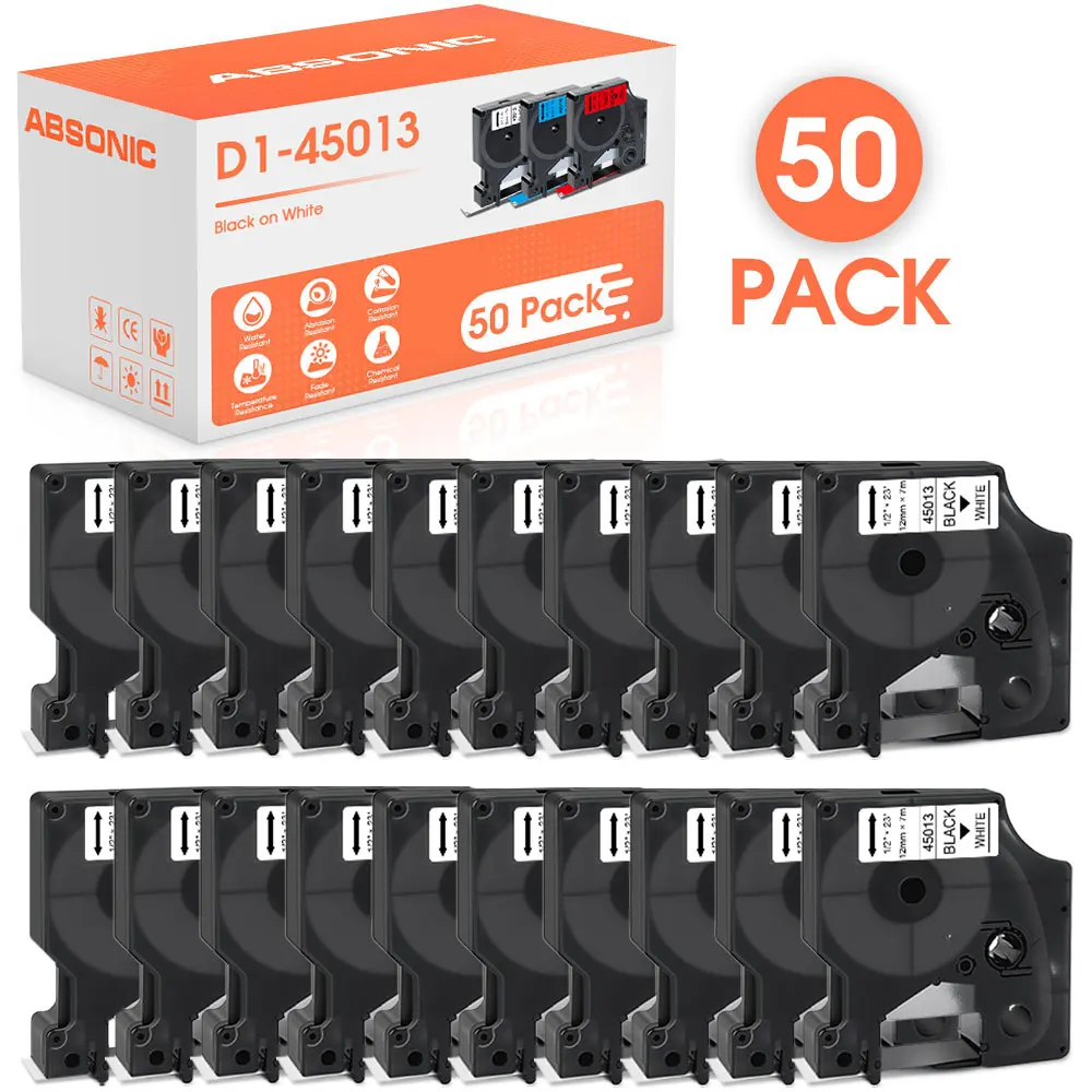50PK-45013-12mm-Label-Tapes-Black-on-White-for-Dymo-D1-Tapes-45013 ...