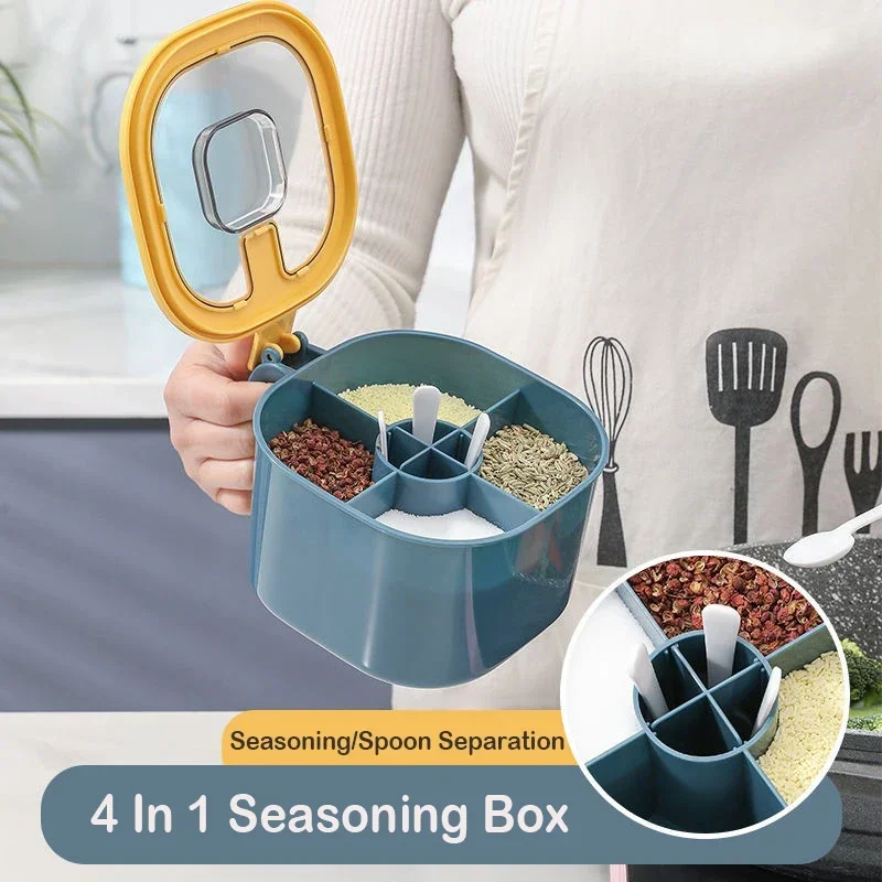 4 In 1 Seasoning Box with Spoon Spice Jar Multi Compartment Salt Pepper ...