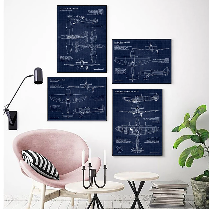 P-ster-de-Fighter-Blueprint-Paul-Defiant-Spitfire-MkVb-Hawker-Tempest ...
