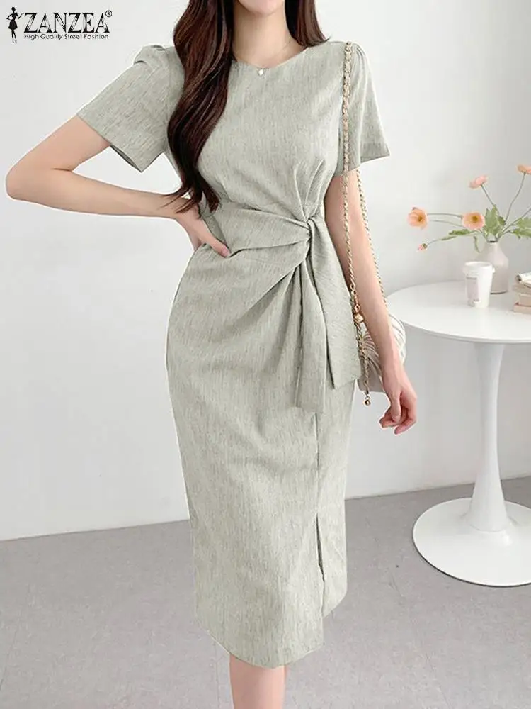 ZANZEA Summer Short Sleeve Bodycon Dress Elegant Solid Women's Sundress ...