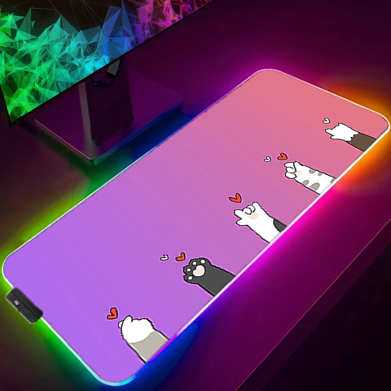 Led Mouse Pad Pink Cute Cat Paw Marble Computer Keyboard 900x400 Carpet ...
