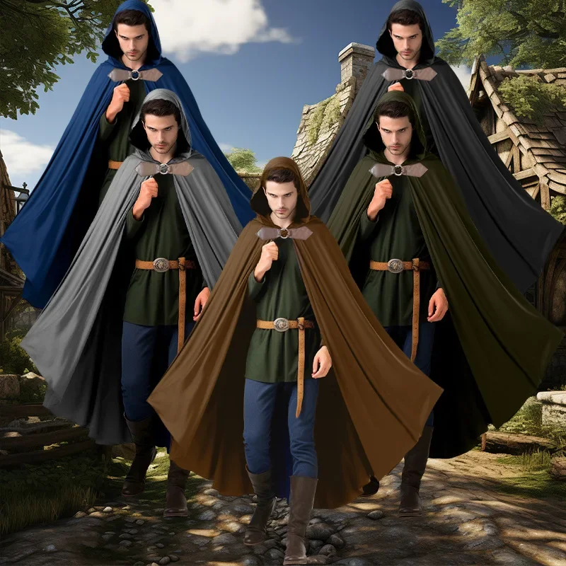 Medieval Cloak Men Retro Hooded Long Cape Coat Pirate Viking Cos ...