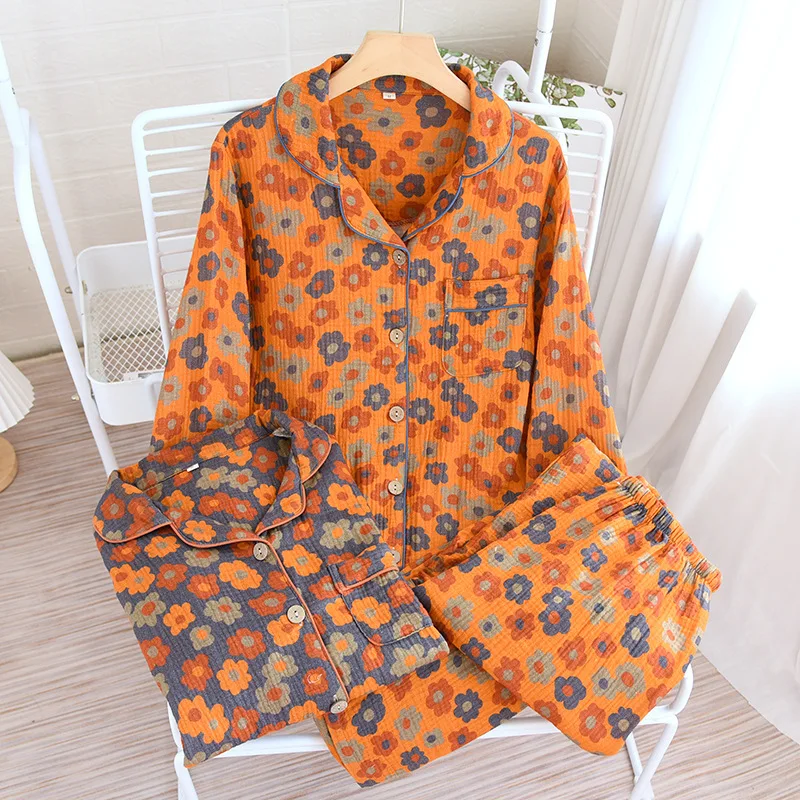 2024Crepe Cotton Pajamas for Women Long Sleeve Trousers Retro Flower ...